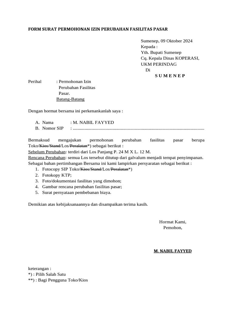 Form Surat Permohonan Izin Perubahan Fasilitas Pasar OK | PDF