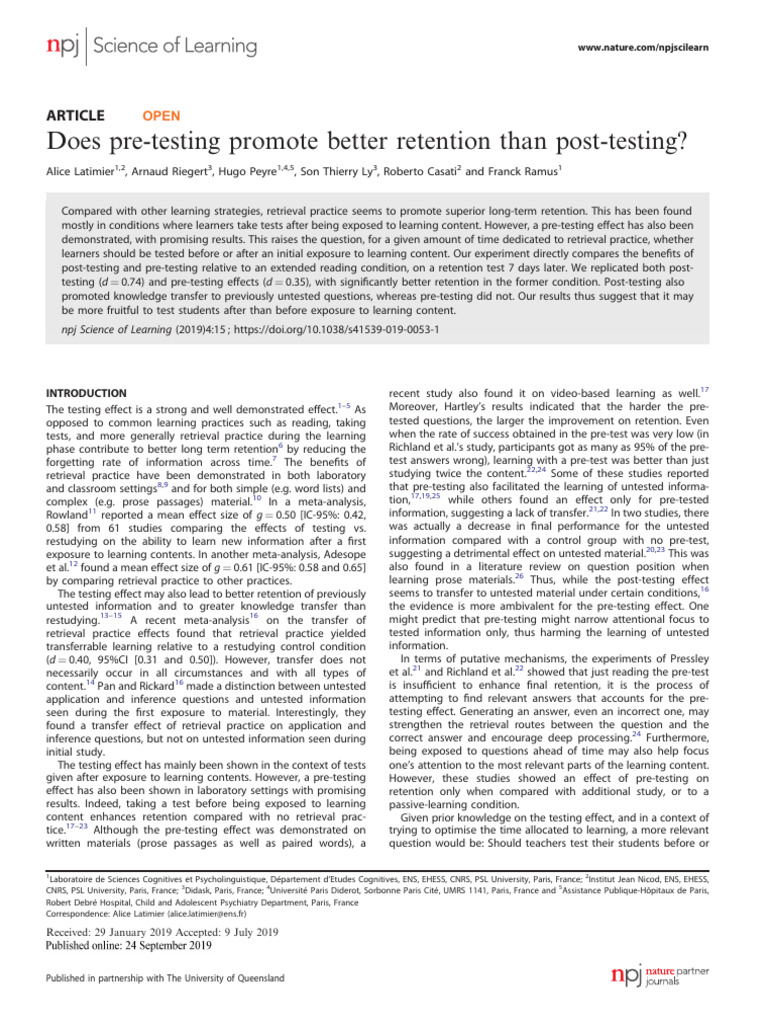 Does Pre-Testing Promote Better Retention Than Post-Testing | PDF