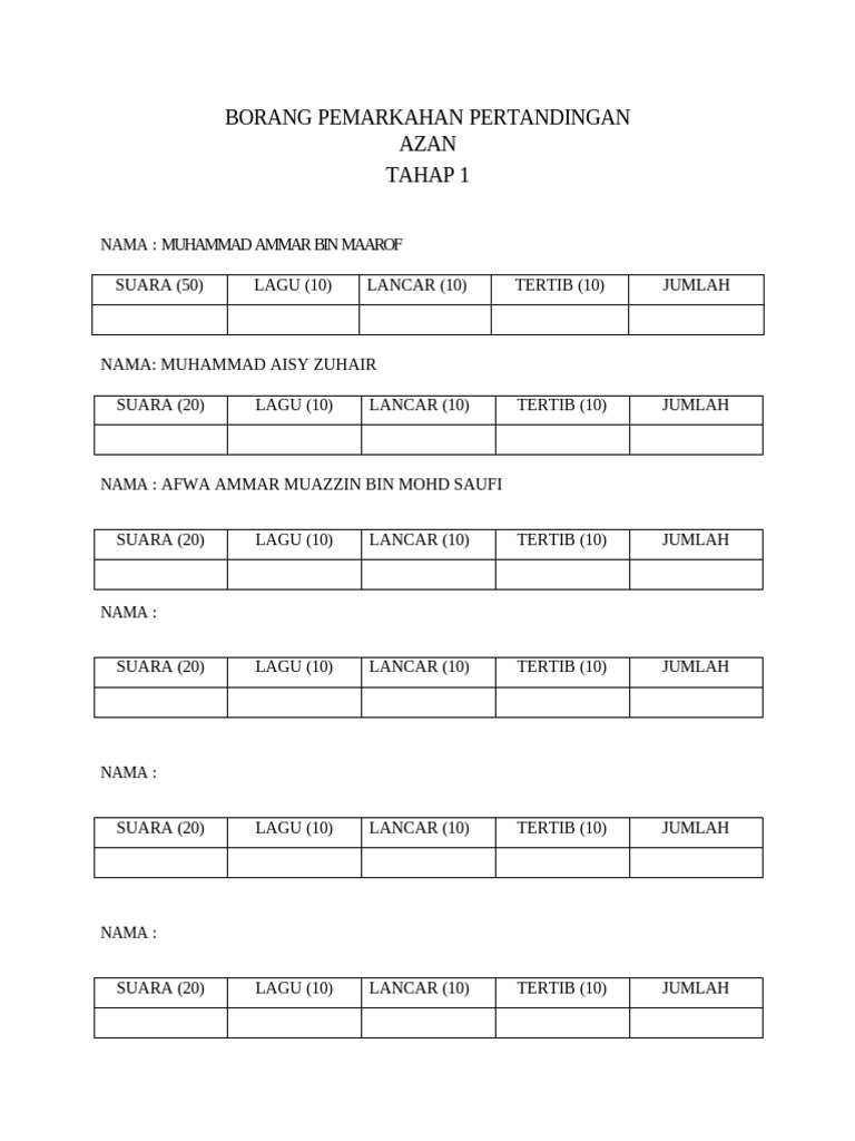 Borang Pemarkahan Pertandingan Azan | PDF