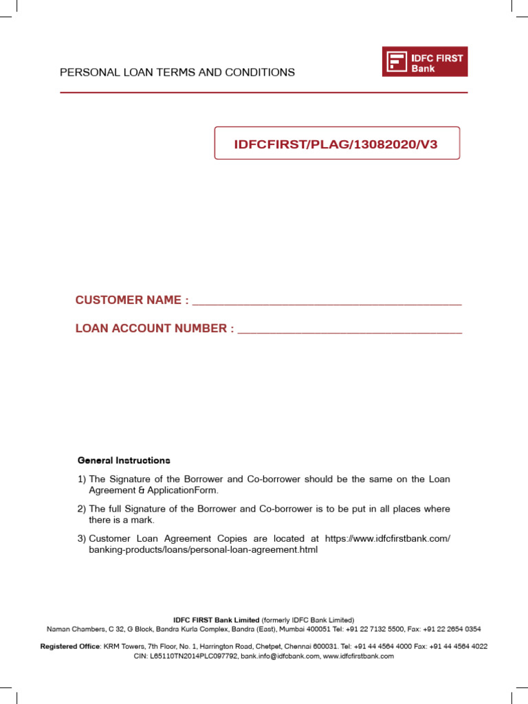 IDFC First Bank Personal Loan Agreement Guide | PDF | Loans | Finance ...