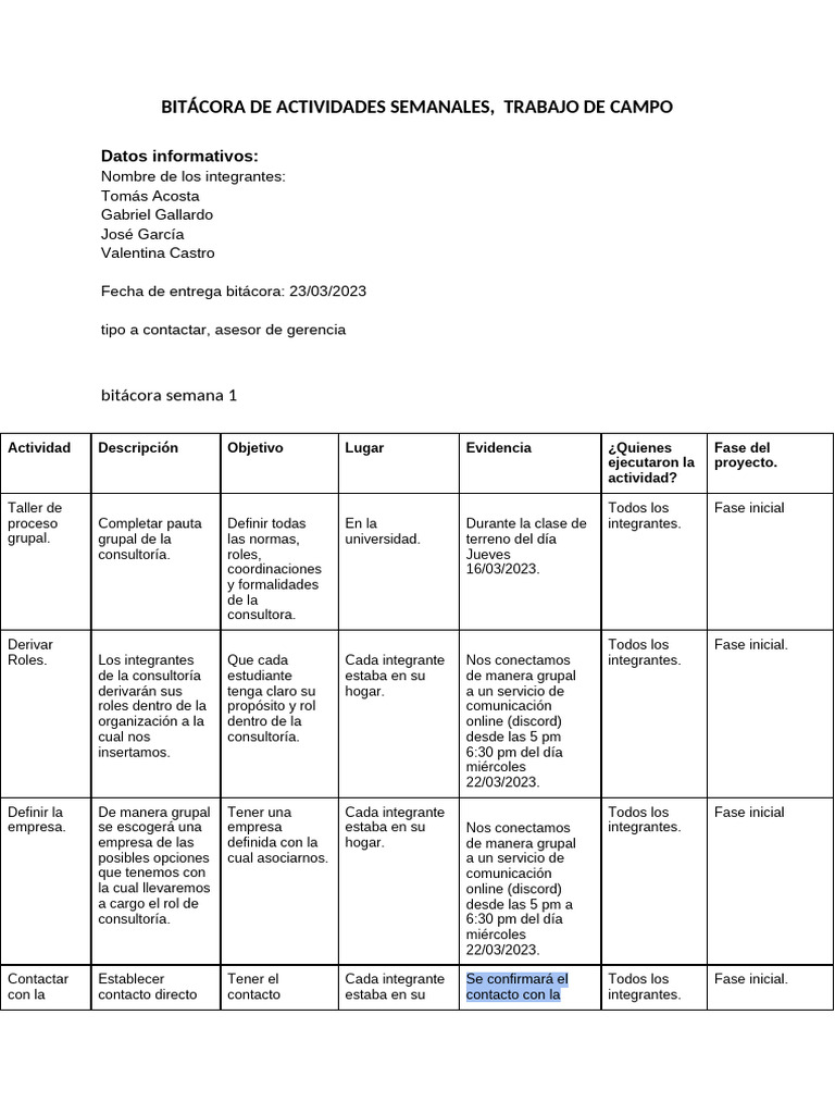 Bitacora Terreno Orga 2 | PDF