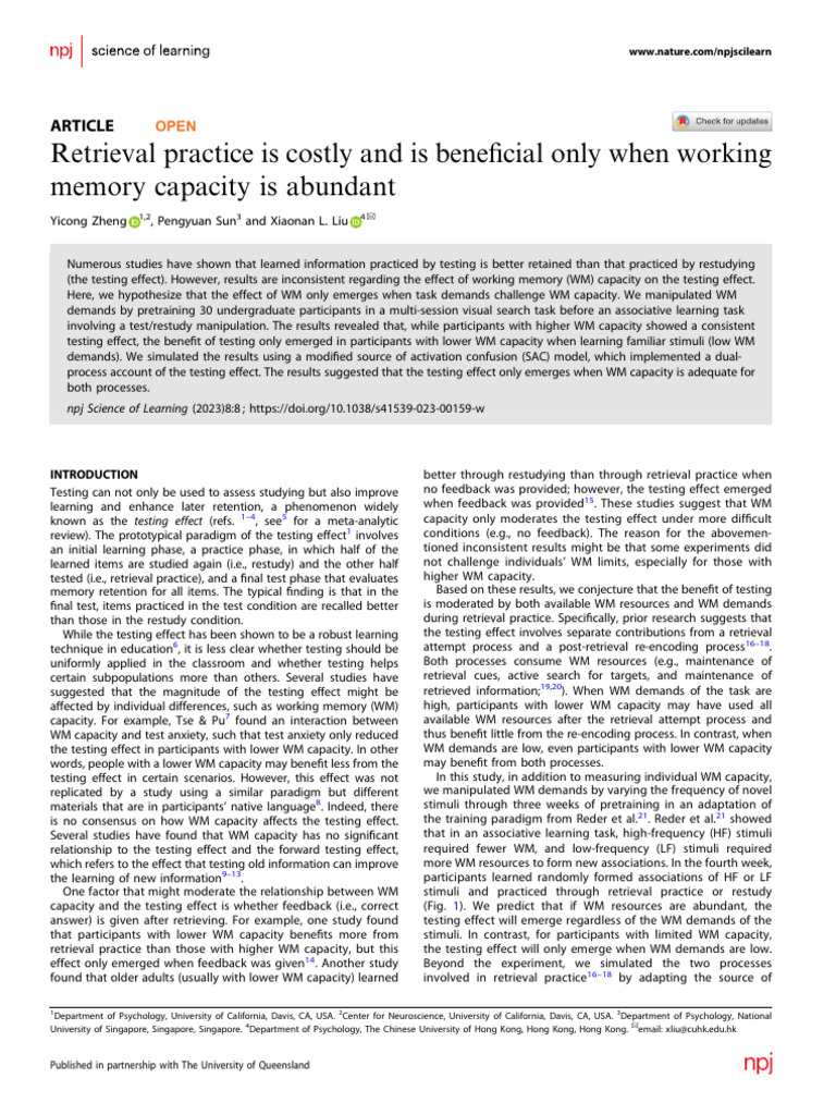Science of Learning: Retrieval Practice Is Costly and Is Beneficial Only When Working Memory ...