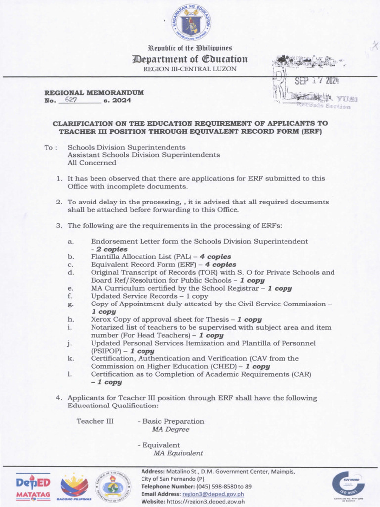 Teacher Iii Position Through Equivalent Record Form Erf | PDF