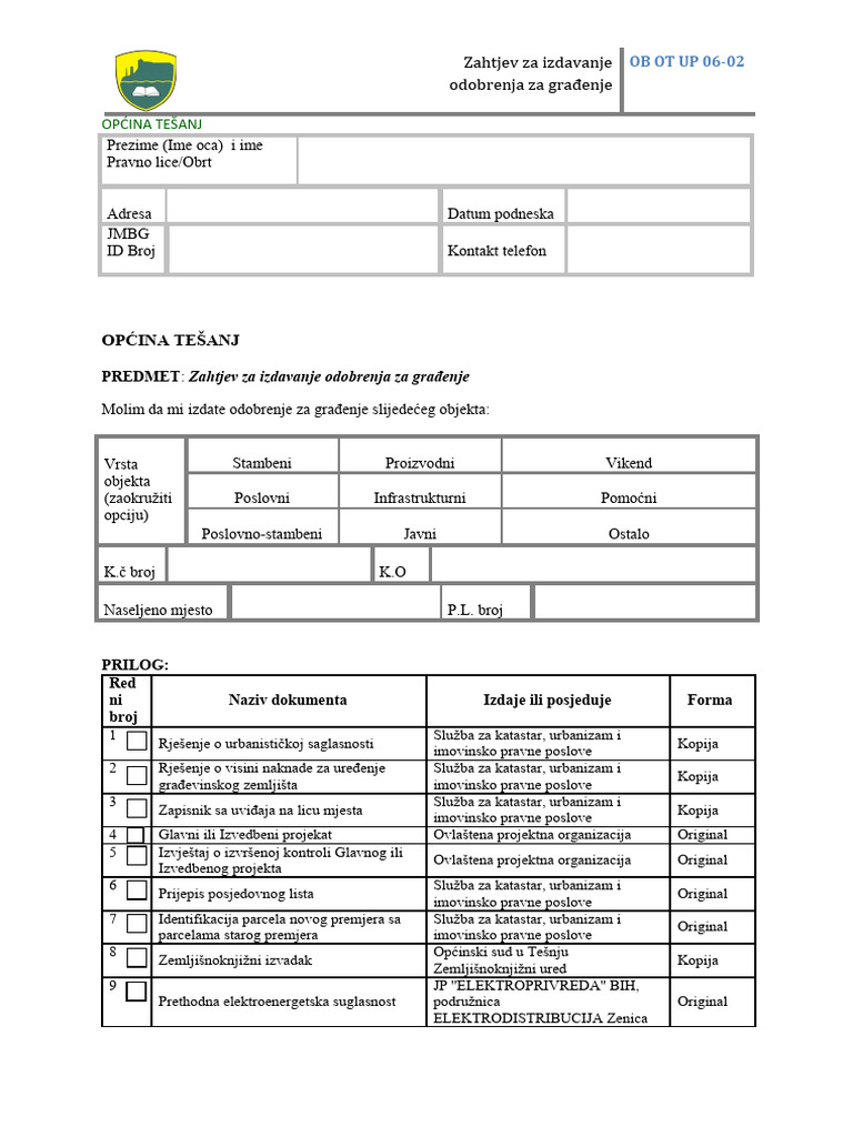 OB OT UP 06-02 Zahtjev Za Izdavanje Odobrenja Za Gradenje | PDF