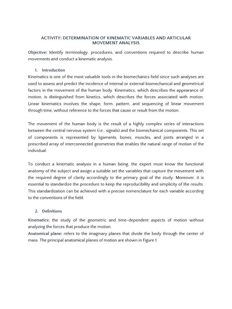 Activity. Kinematic Variables Articular Movement | PDF