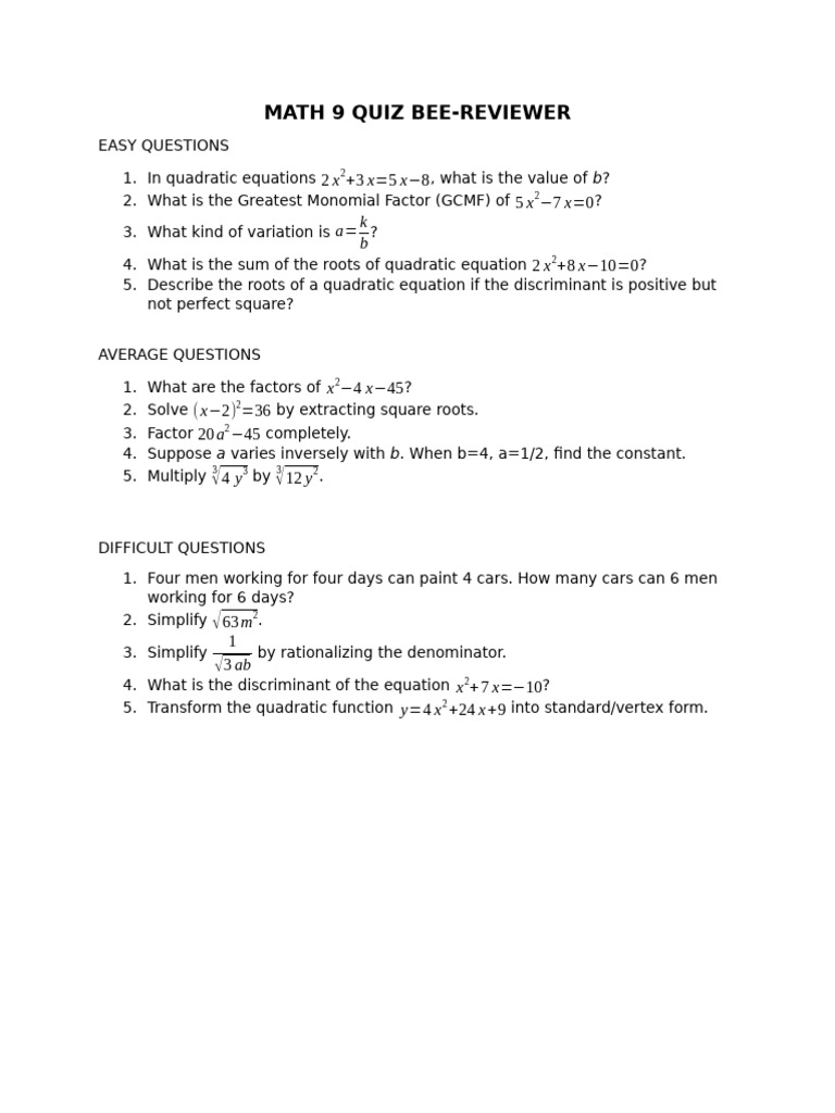 Math 9 Quiz Bee | PDF
