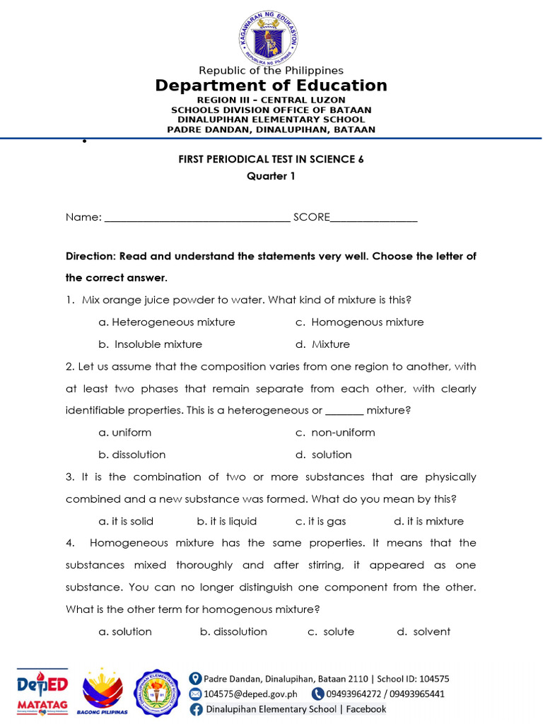 Grade-6-First - Periodical Test in Science | PDF
