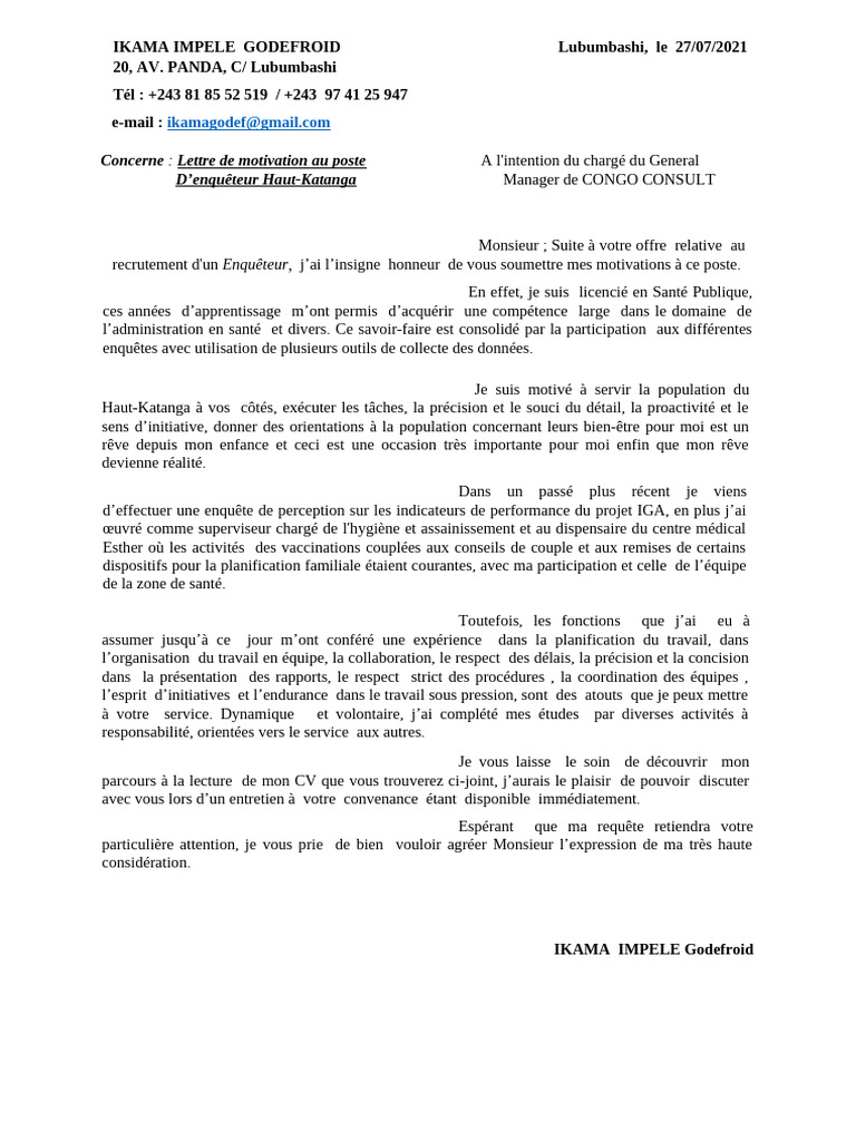 Lettre de Motivation Ikama Onem | PDF