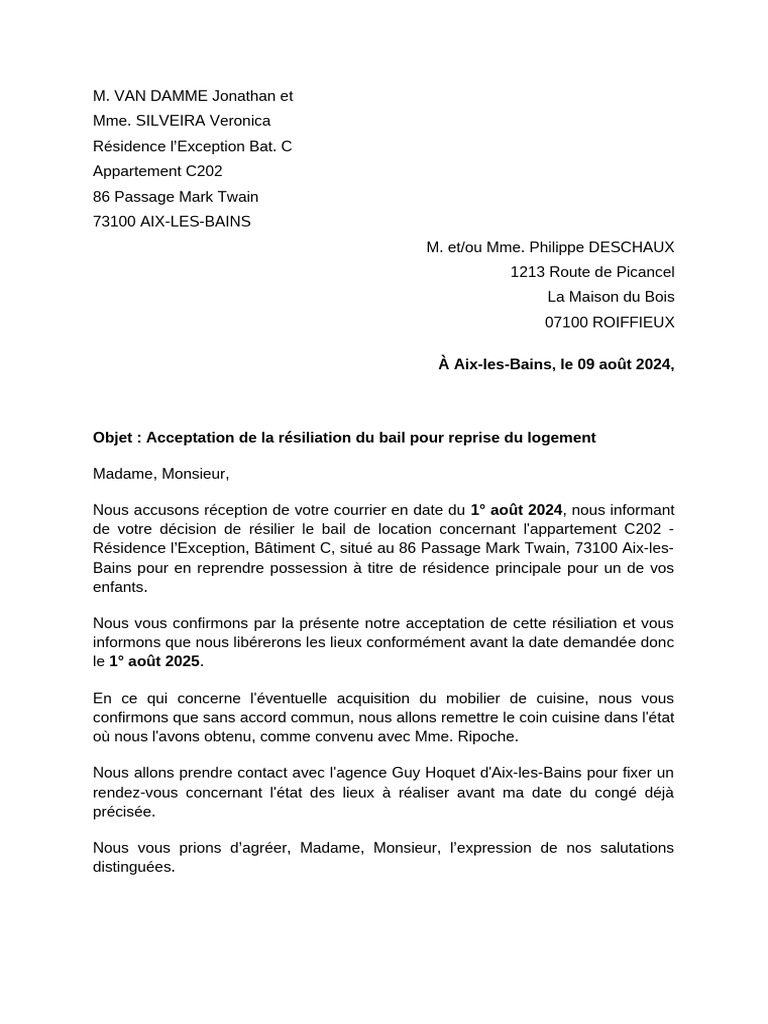 Modele Preavis Logement 1 Mois Word | PDF