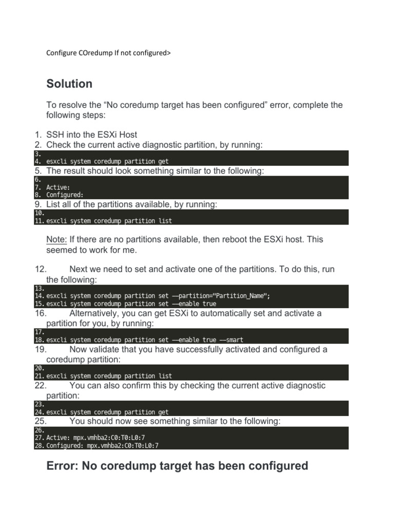 Configure Coredump If Not Configured by ESX | PDF