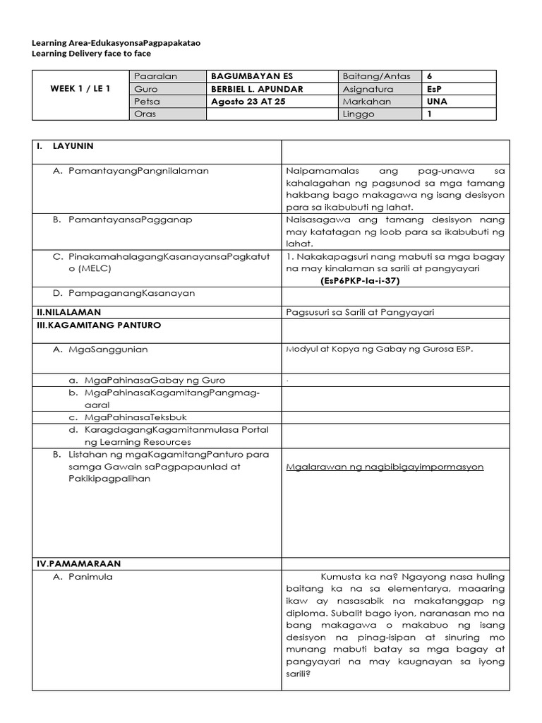 Le-Esp6-Q1 WK1 | PDF
