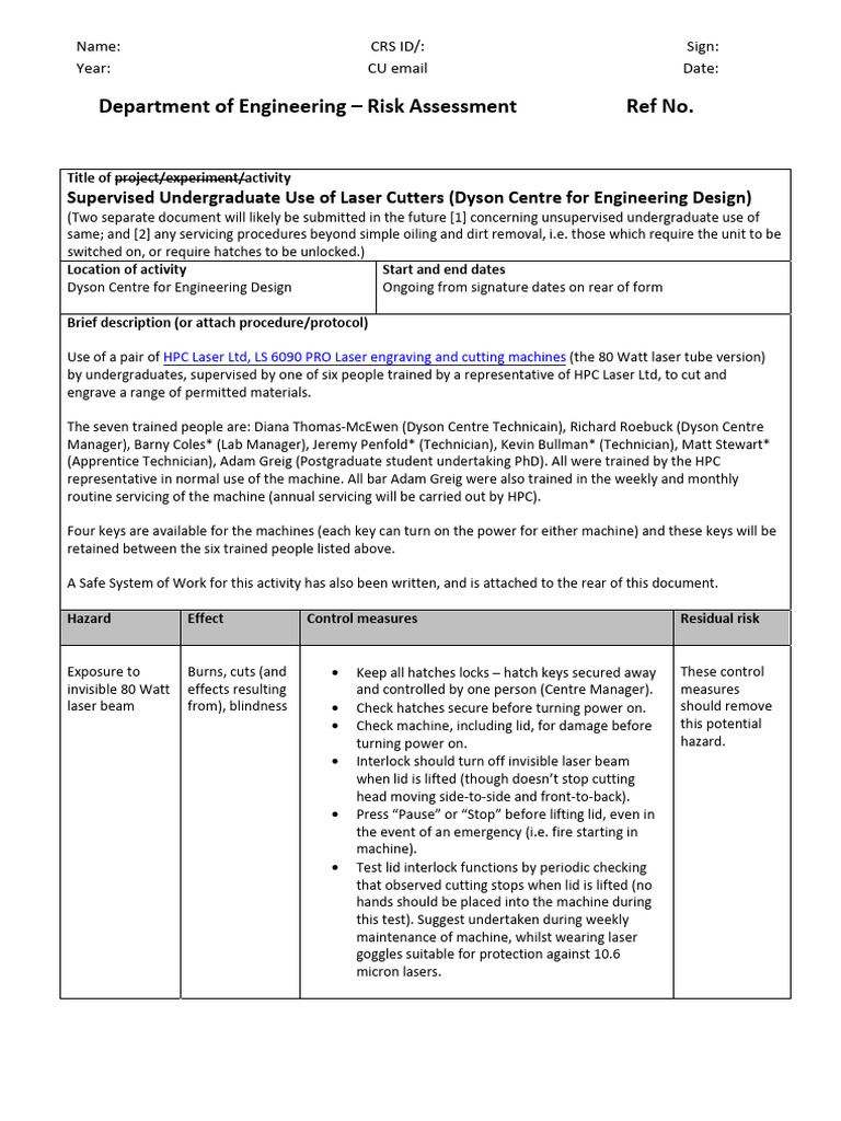 Risk Assessment Laser Cutters | PDF | Personal Protective Equipment ...