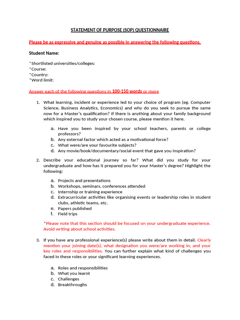Revised SOP Questionnaire | PDF