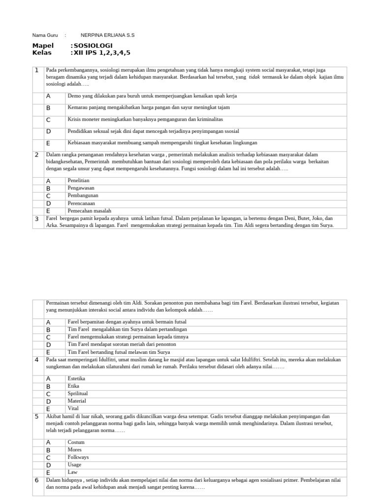 Soal ujian semester kelas 12 IPS 1.2.3.4.5 | PDF