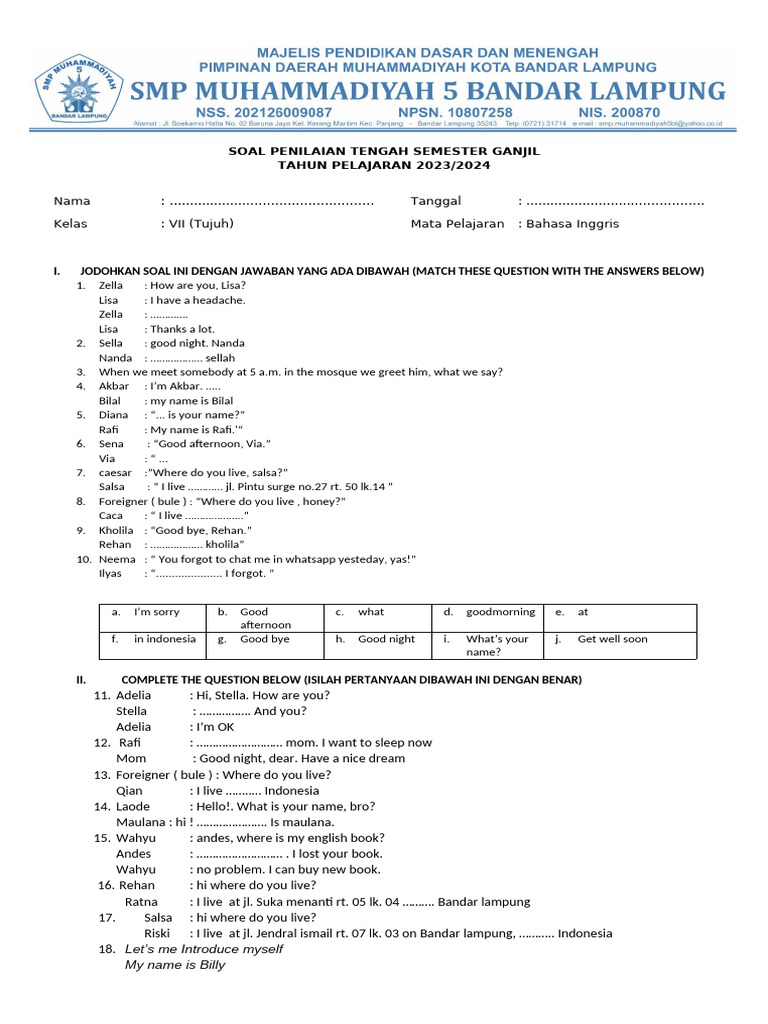 Muh SOAL PENILAIAN TENGAH SEMESTER GANJIL 7 | PDF
