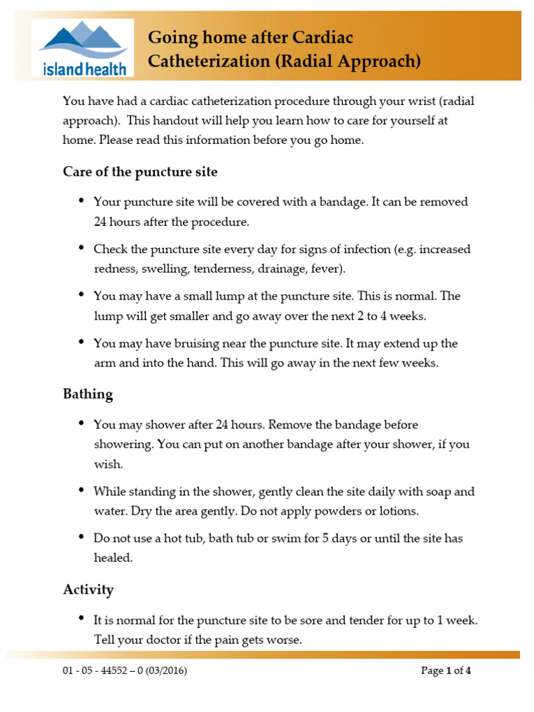Cardiac Catheterization Radial Approach Going Home | PDF | Diseases And ...