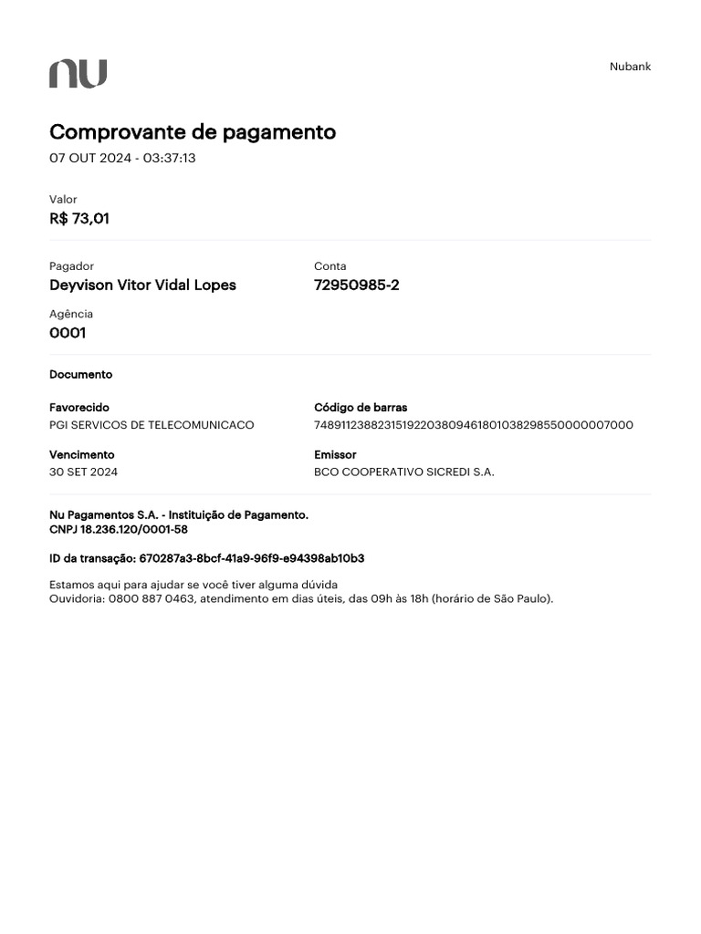 Comprovante Nubank 07-10-2024 | PDF