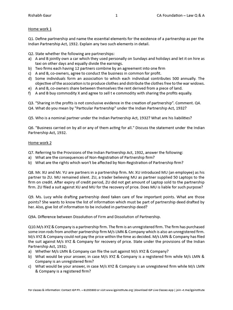 Partnership Act Home Work Qns by RG | PDF | Partnership | Finance & Money Management