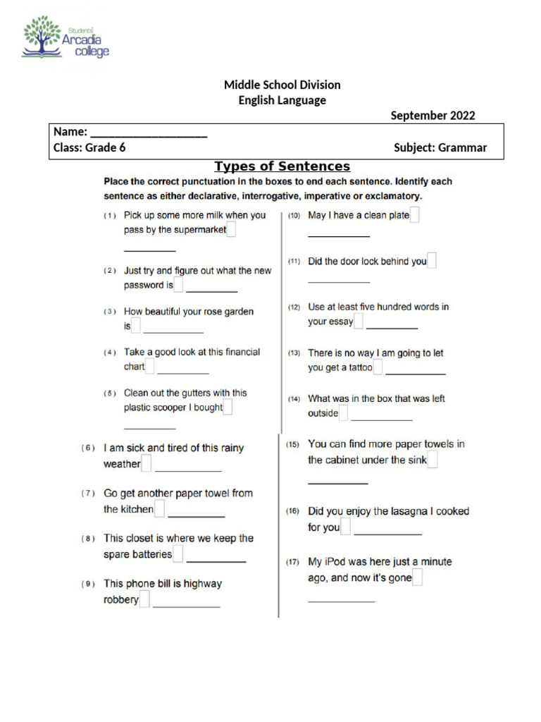 gr 6 Types of sentences | PDF