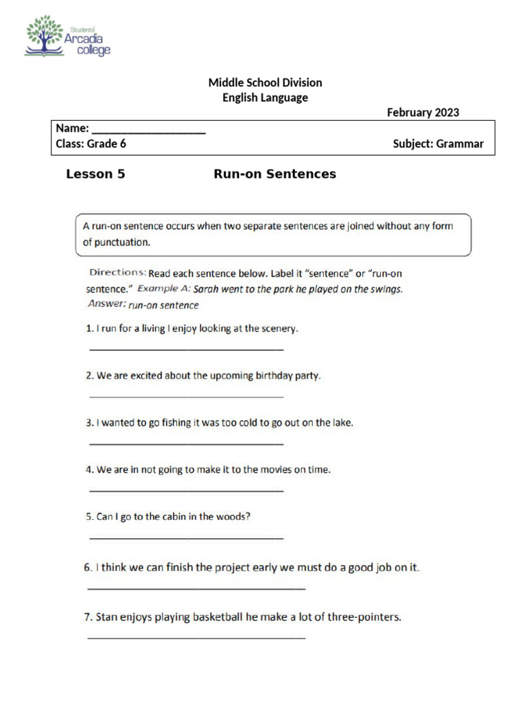 grade 6 run-on sentences | PDF