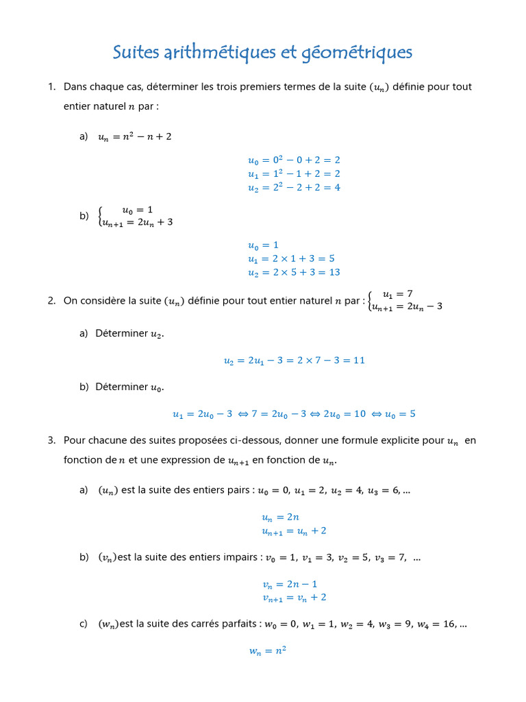 V. Suites Arithmetiques Et Geometriques Solutions | PDF