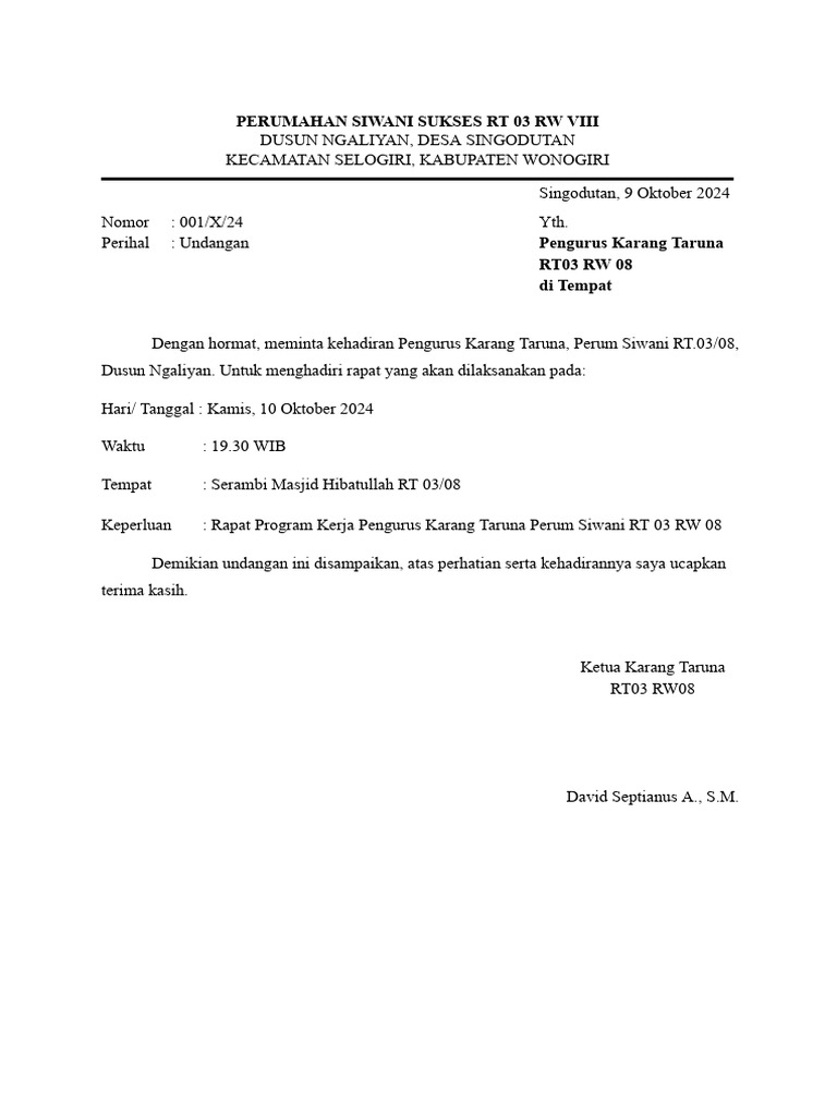 Undangan Karang Taruna Nomor 001-X-24-1 | PDF