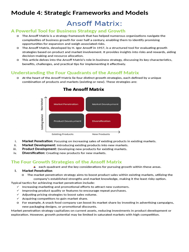 Module 4 Strategic Frameworks and Models | PDF | Strategic Management | Career & Growth