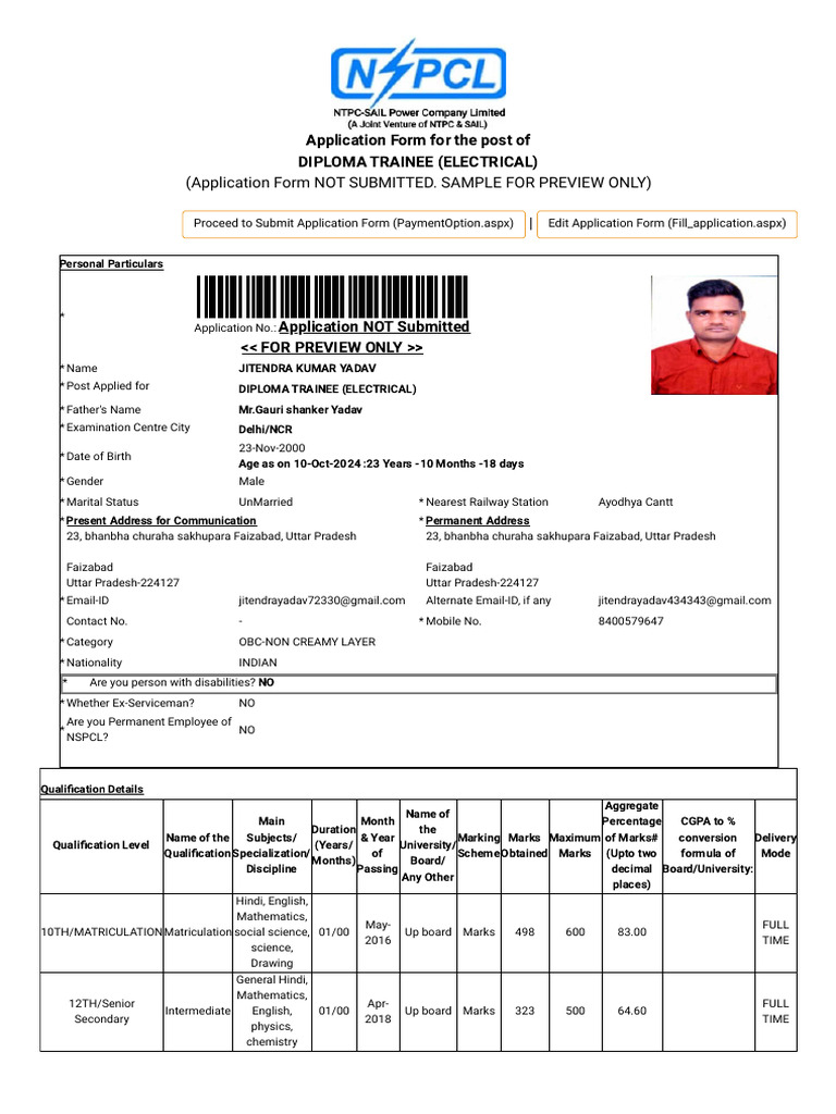 NSPCL-SAMPLE-Application 2024 | PDF