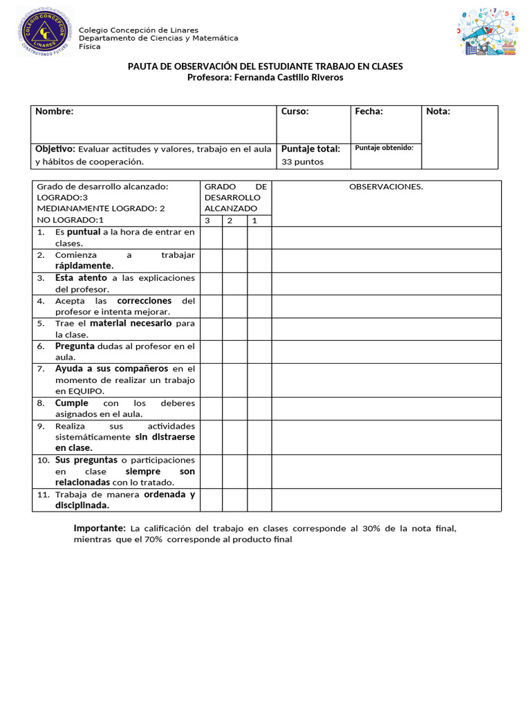 Pauta de Observación Del Estudiante Trabajo en Clases | PDF