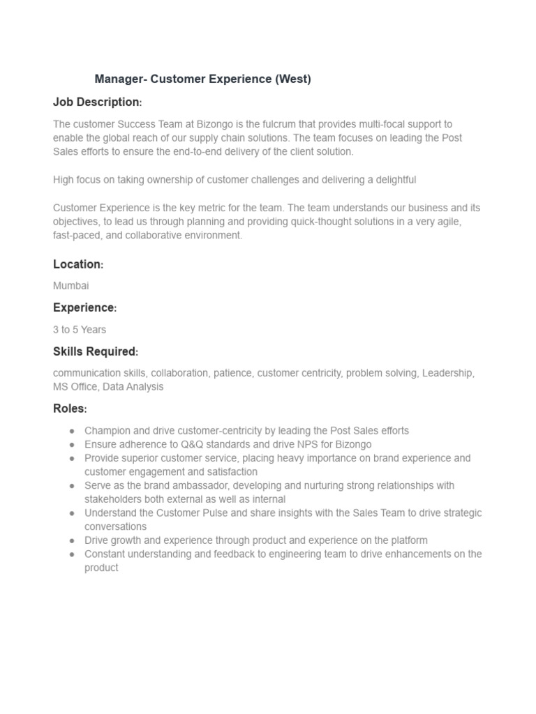 JD - Customer Experience - Bizongo | PDF