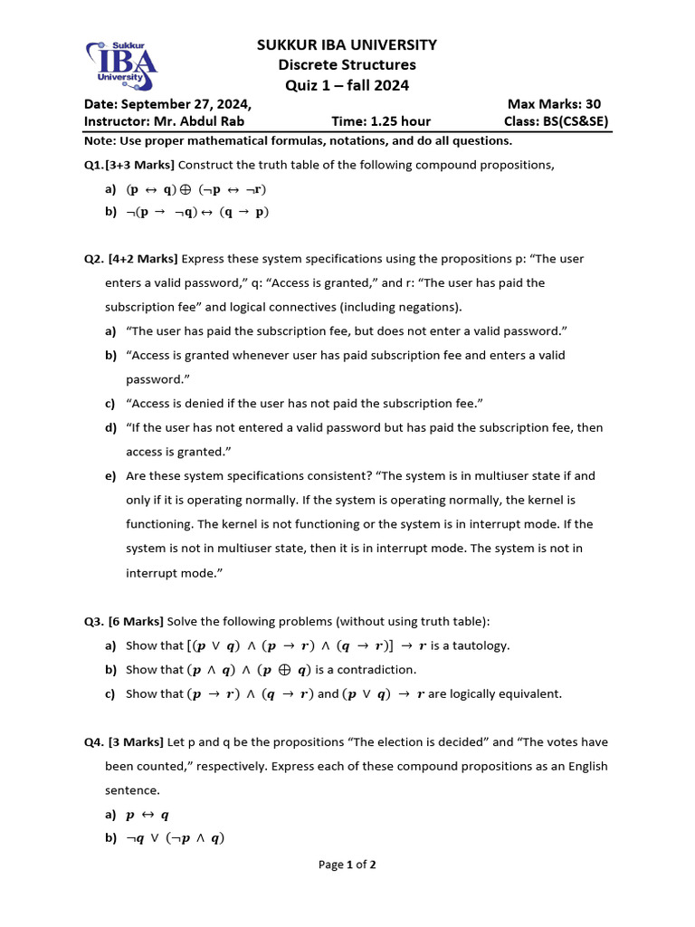 Discrete Mathematics Quiz 1 | PDF