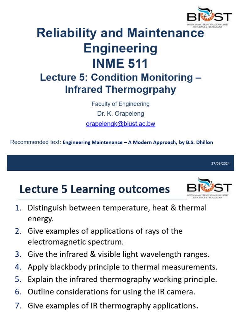 Inme511 Lecture 5 Ir Thermography Condition Monitoring Pdf