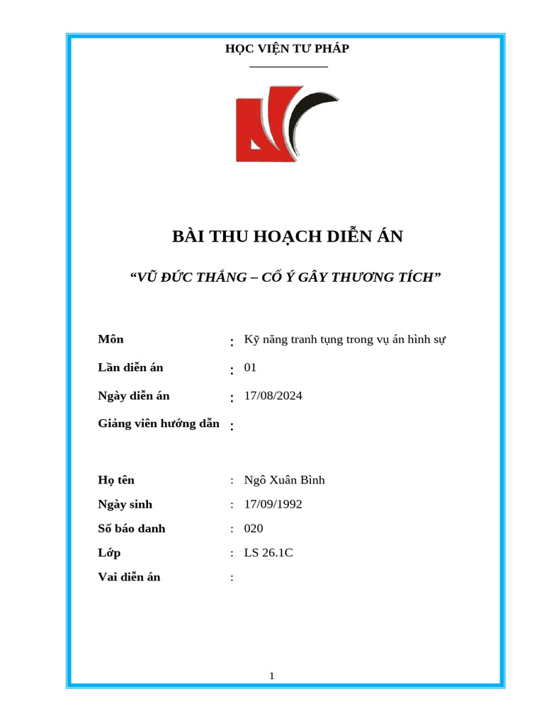 Ho So 16 - Vu Duc Thang Co y Gay Thuong Tich | PDF