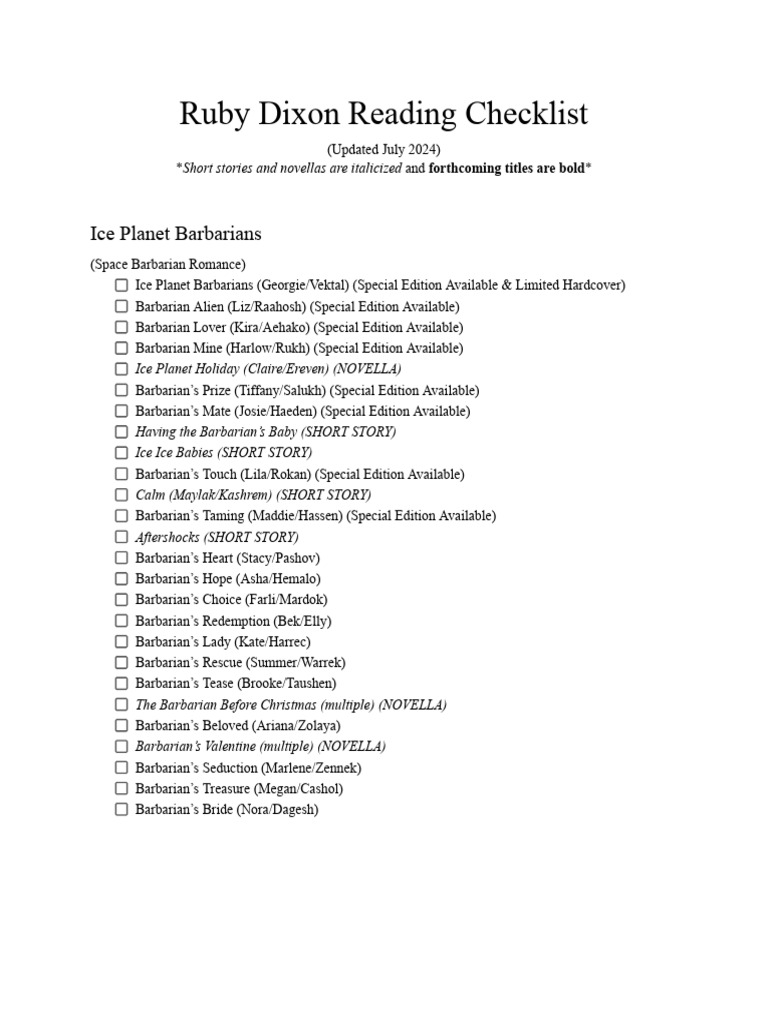 Ruby Dixon Reading Order Checklist | PDF | Poetry | General Fiction