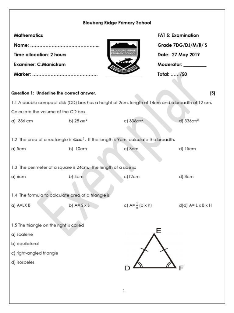 Grade 7 Mathematics Paper 2 June 2019 | PDF | Area | Circle