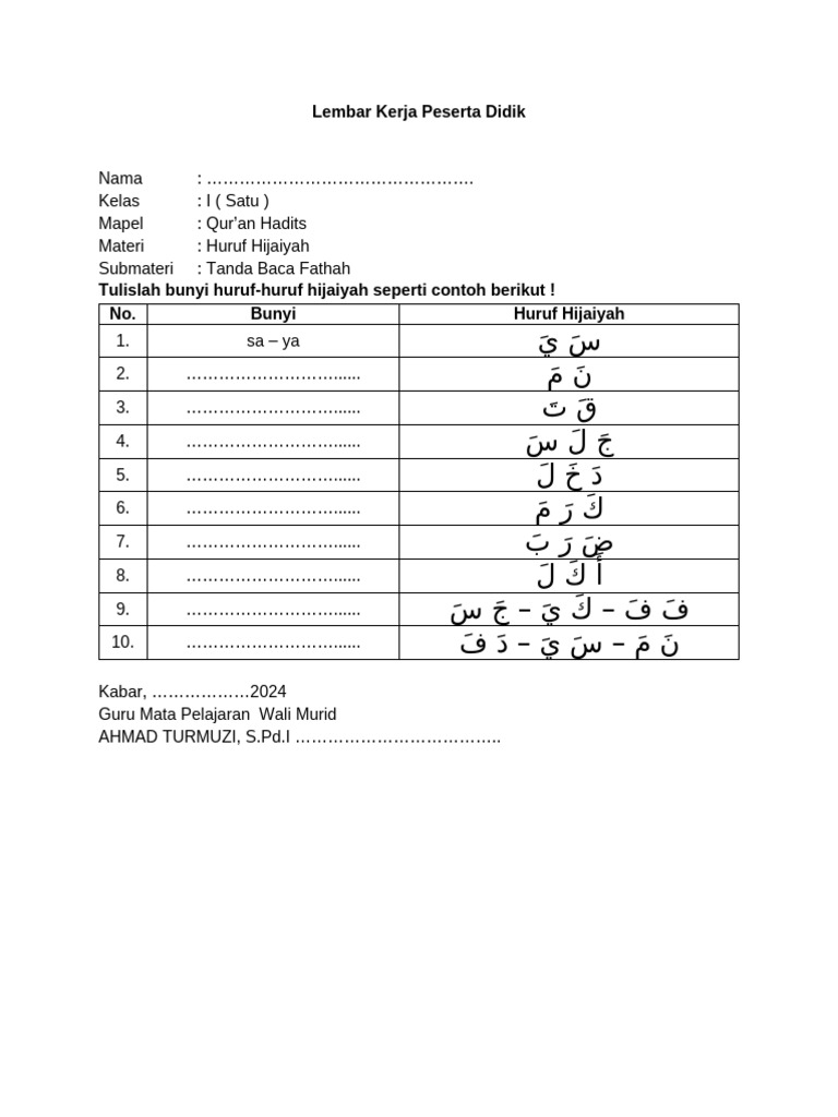LKPD QH 1 Tanda Baca Fathah | PDF