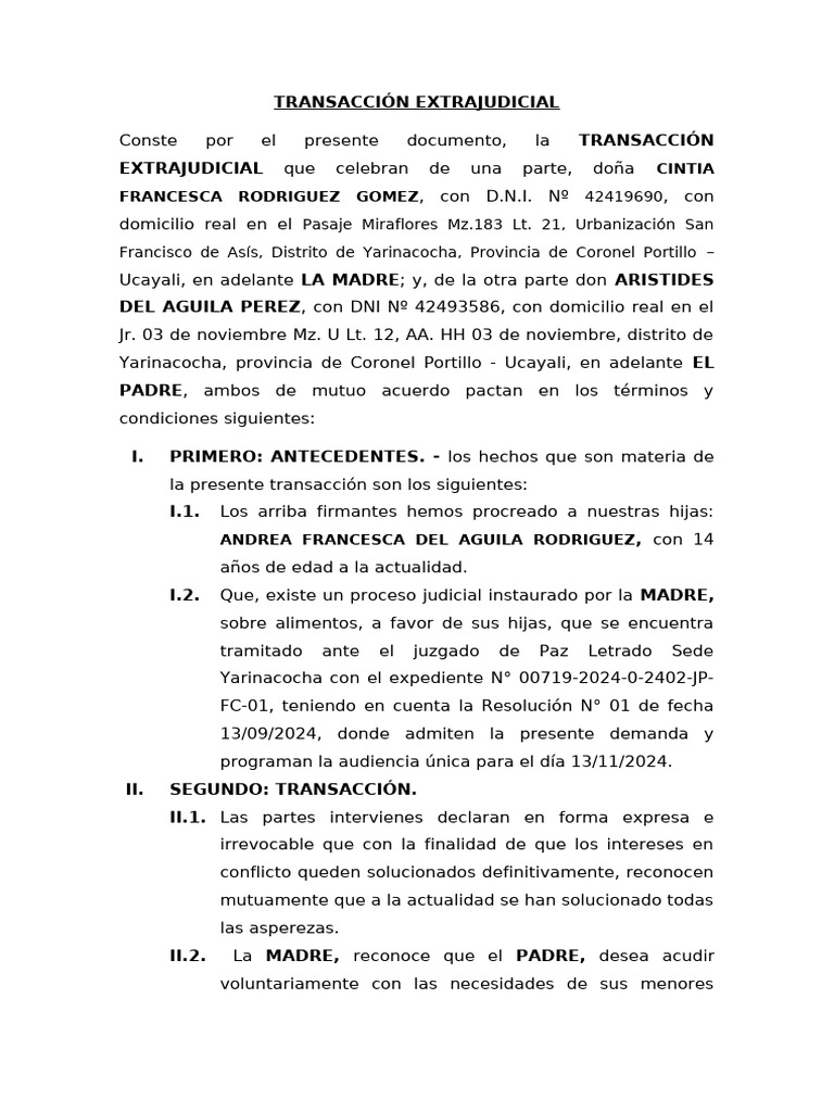 Transacción Extrajudicial Cinthia Rodriguez | PDF