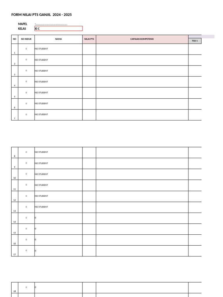 Form Nilai PTS - Ganjil - 2024 - 2025 - KLS Xi - Kurmer | PDF