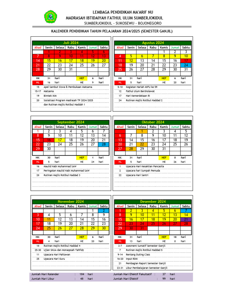 Kalender Pendidikan MIFU Sumsel - 2425 | PDF