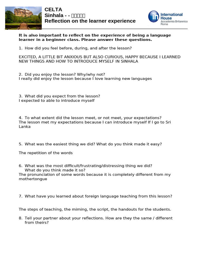 Celta - Foreign Language Lesson - Reflection - HO | PDF