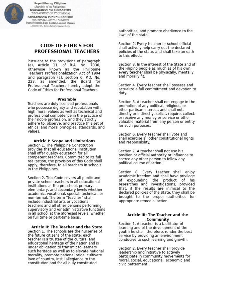Philippines Code of Ethics For Professional Teachers | PDF