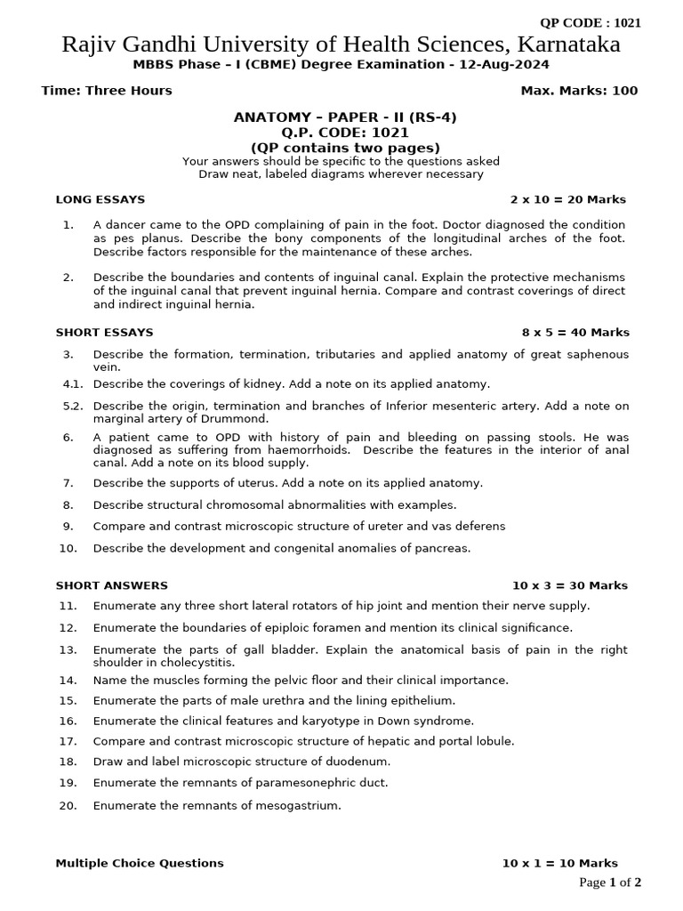 Mbbs - 1021 - Anatomy - Tp2 (August-2024) - August-2024 (Oct-24) | PDF ...
