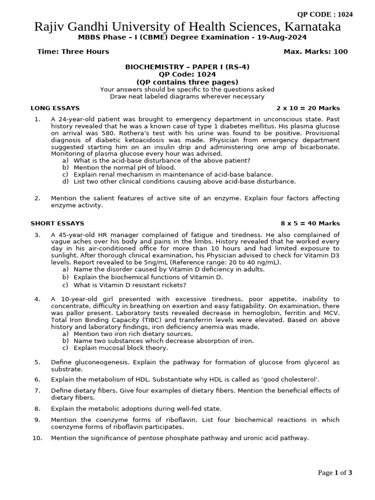 Mbbs - 1024 - Biochemistry - Tp1 (August-2024) - August-2024 (Oct-24) | PDF