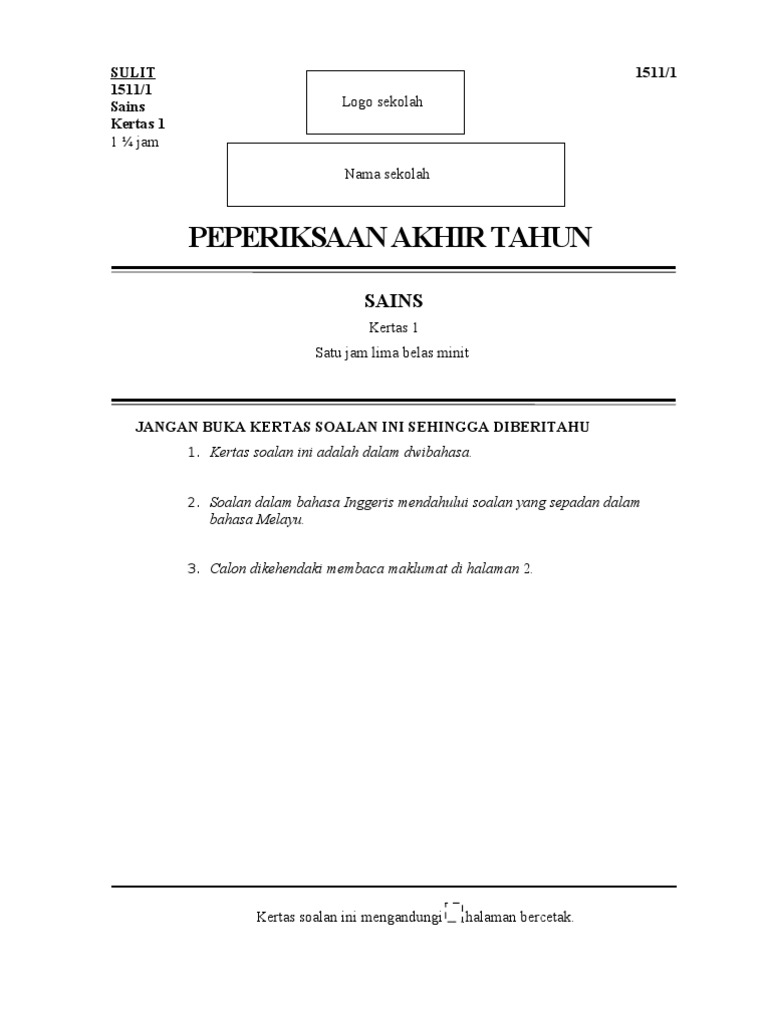 Template Front Page Final Year Exam Science P1 and P2 | PDF