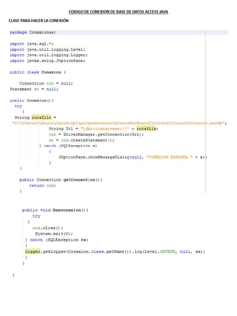 Codigo de Conexion de Base de Datos Access Java | PDF