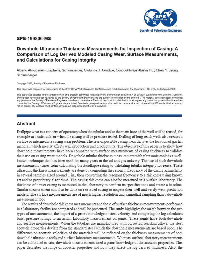 Downhole Ultrasonic Thickness Measurements for Inspection of Casing: A ...