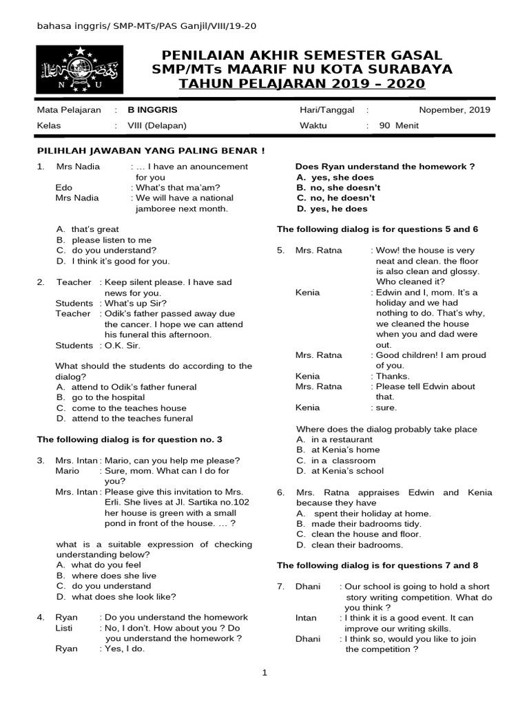 Naskah Soal Pas 8 19-20 | PDF
