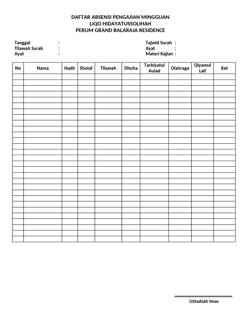 Daftar Absensi Pengajian Mingguan | PDF