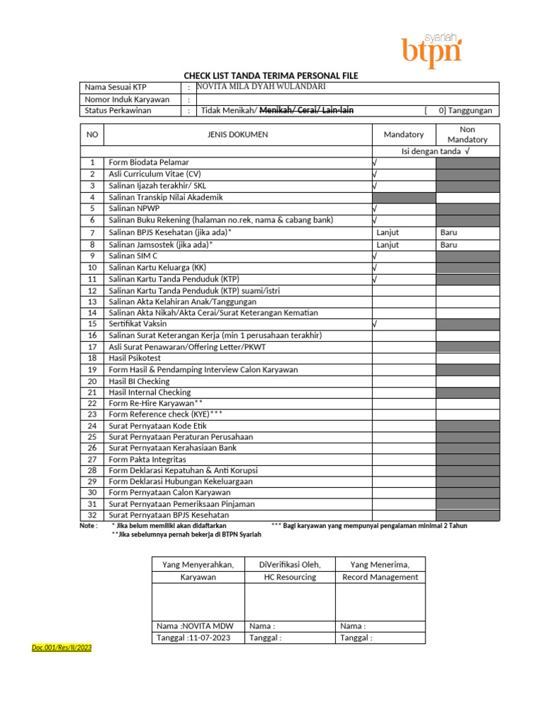 Checklist Personal File MMS Trial Softfile PF | PDF