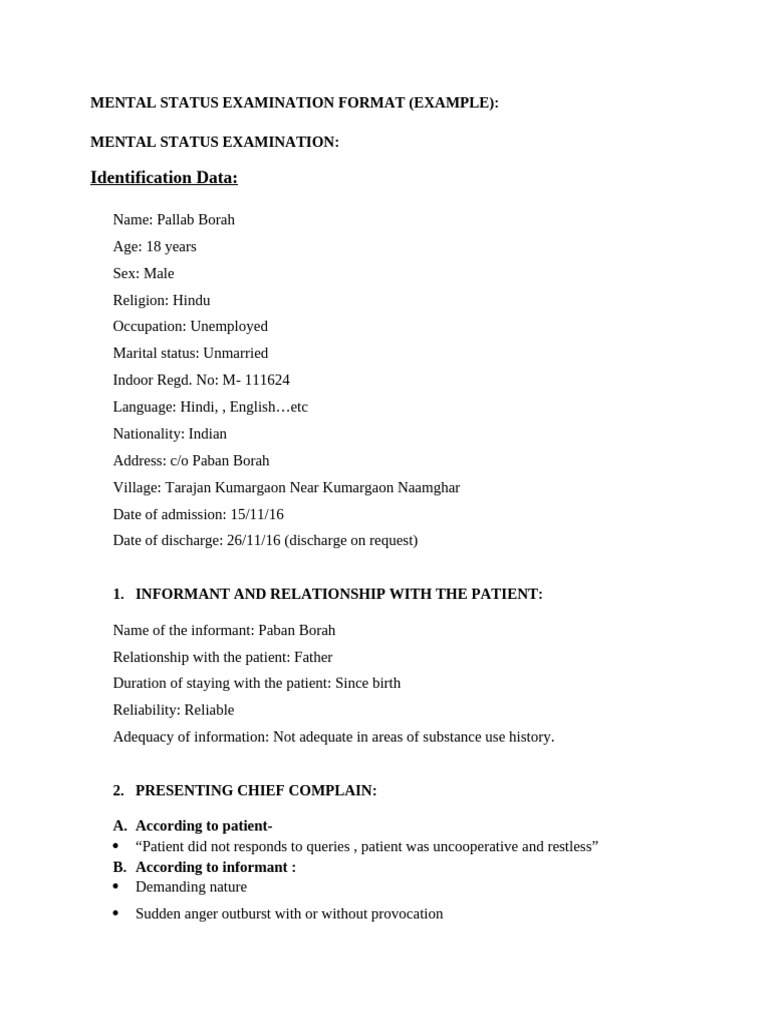 Mental Status Examination Format | PDF